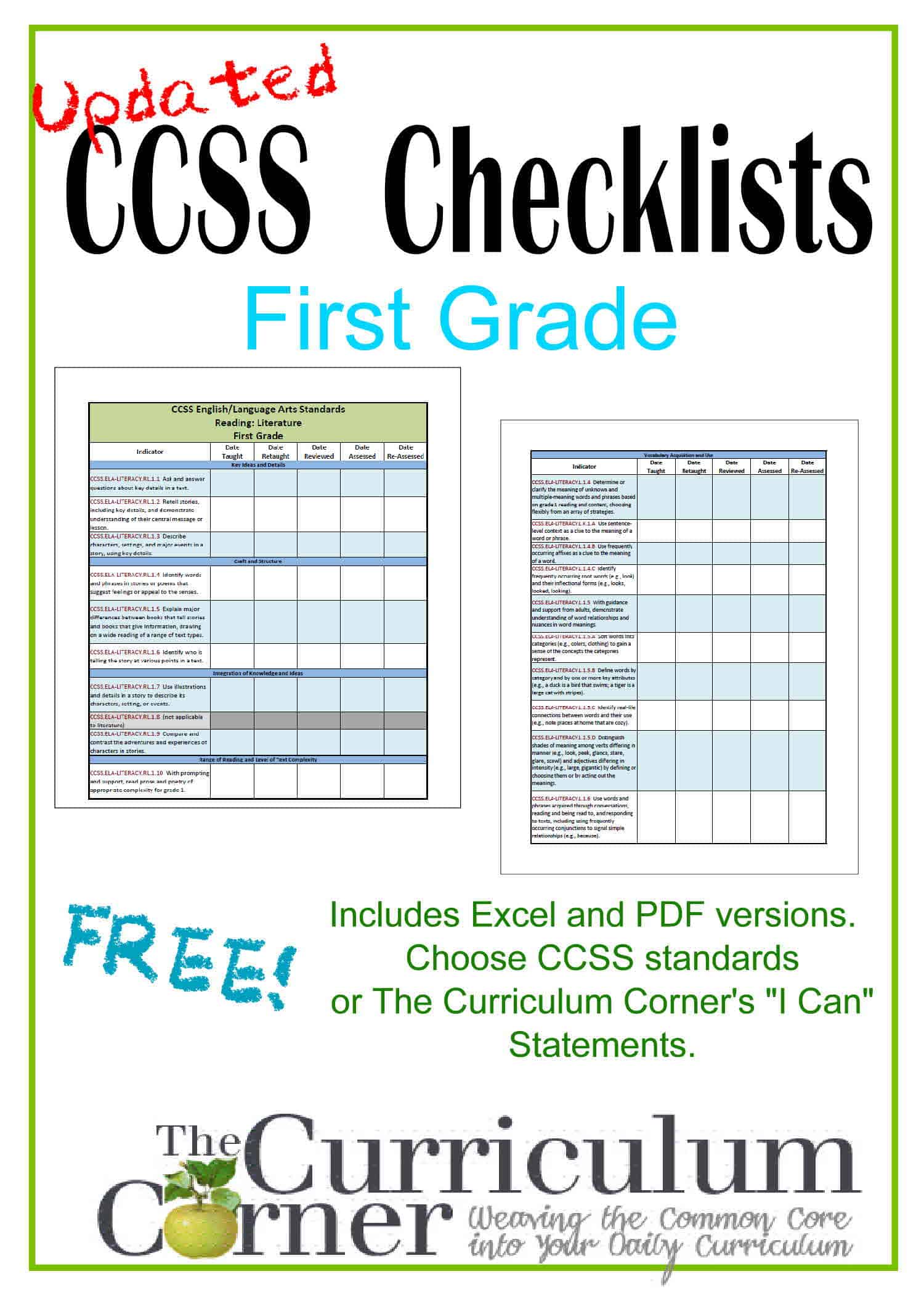 Updated First Grade CCSS I Can Checklists The Curriculum Corner 123