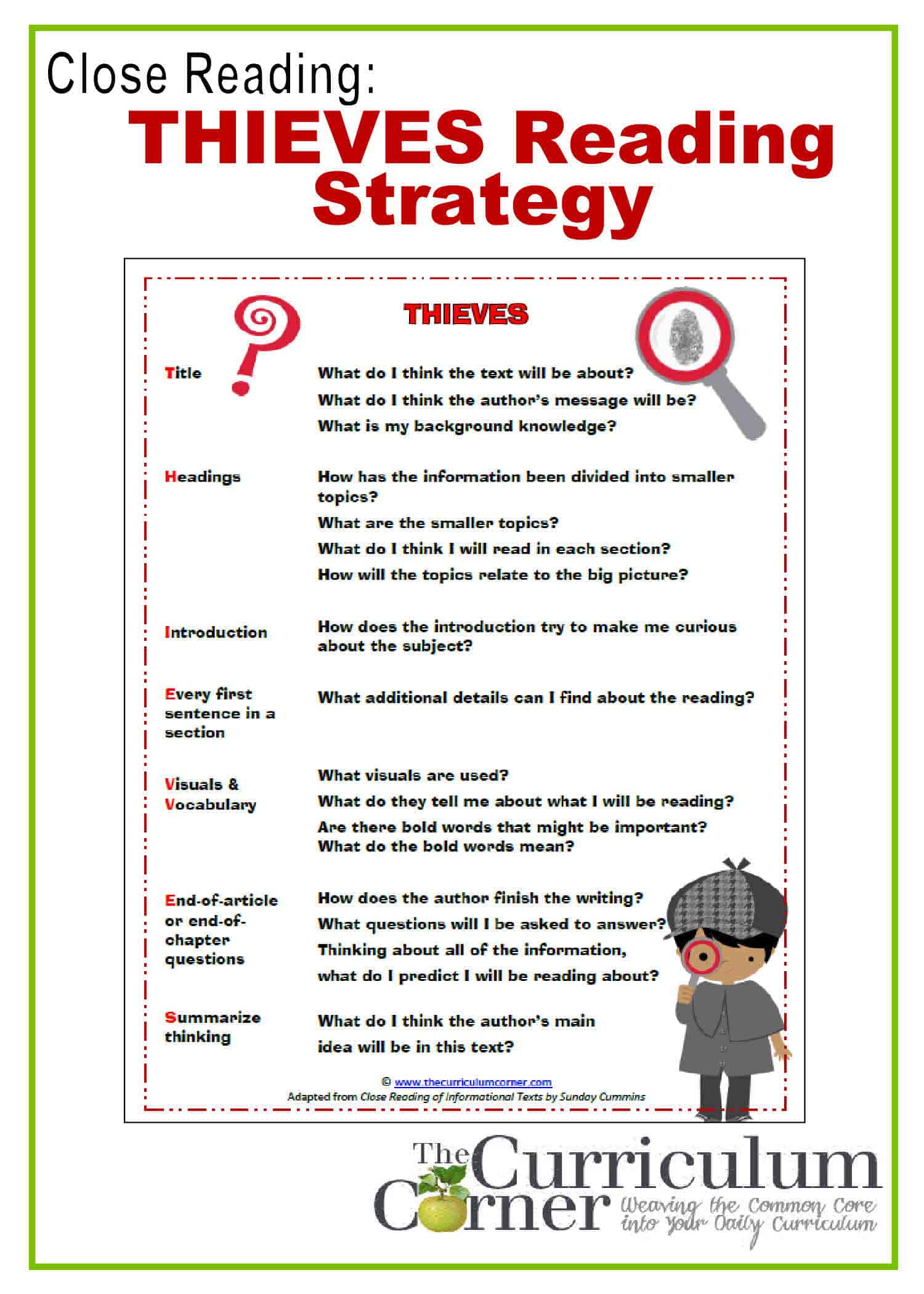 Close Reading: THIEVES Reading Strategy - The Curriculum Corner 4-5-6 Close Reading: THIEVES Reading Strategy - The Curriculum Corner 4-5-6
