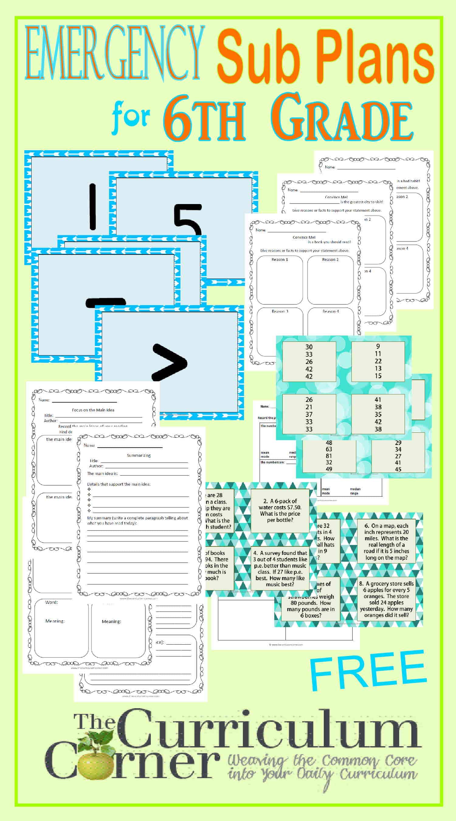 6th Grade Emergency Sub Plans The Curriculum Corner 4 5 6