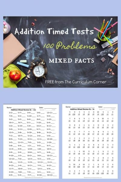 100 Addition Facts (Mixed Review Pages) - The Curriculum Corner 123