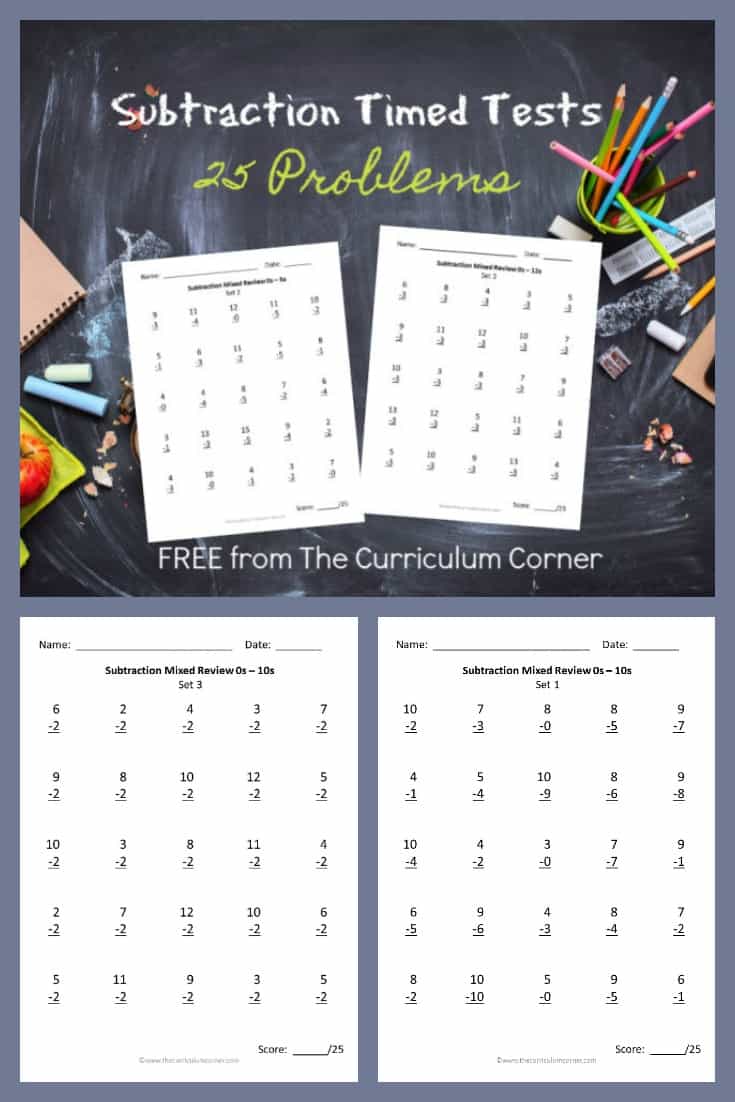 25 Subtraction Facts - Mixed Review Pages - The Curriculum Corner 123