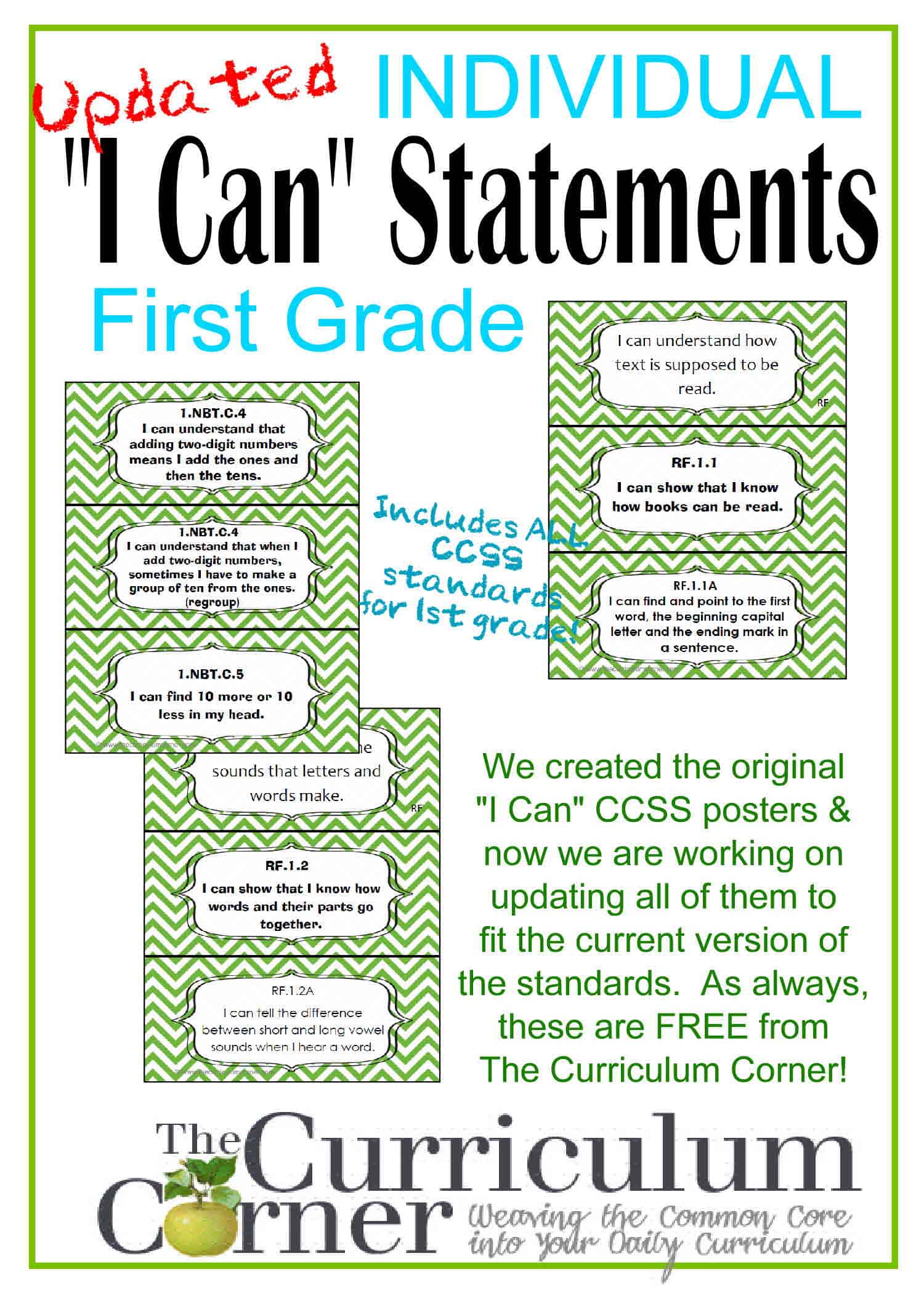 Individual I Can Statements by The Curriculum Corner CCSS free - The ...