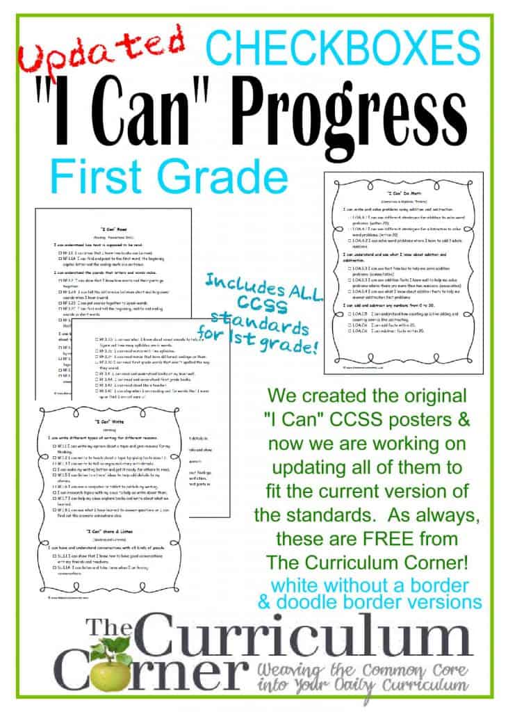 I Can CCSS Statements Progress Checklists for 1st Grade by The Curriculum Corner FREE - The ...