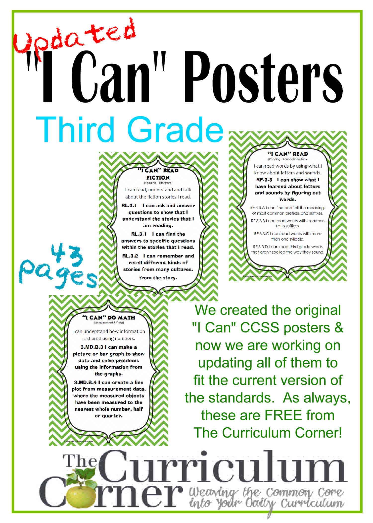 Updated 3rd Grade "I Can" CCSS Posters in Green Chevron Common Core I ...