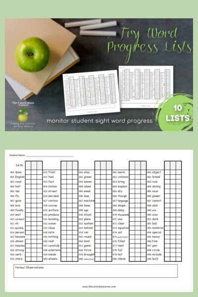 Fry Word Checklists - The Curriculum Corner 123