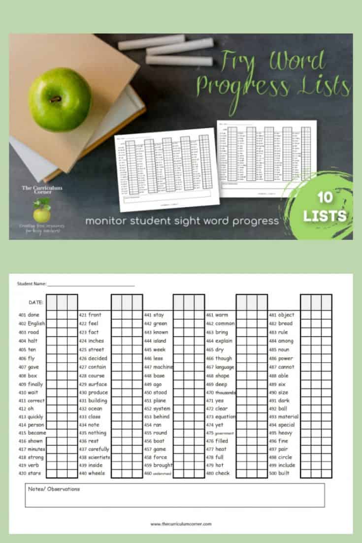 Fry Word Checklists - The Curriculum Corner 123