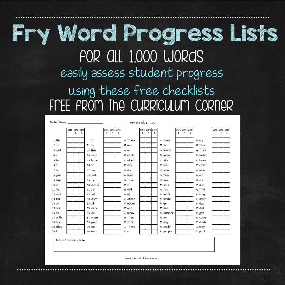FREEBIE! Fry Word Progress Checklists FREE from The Curriculum Corner ...