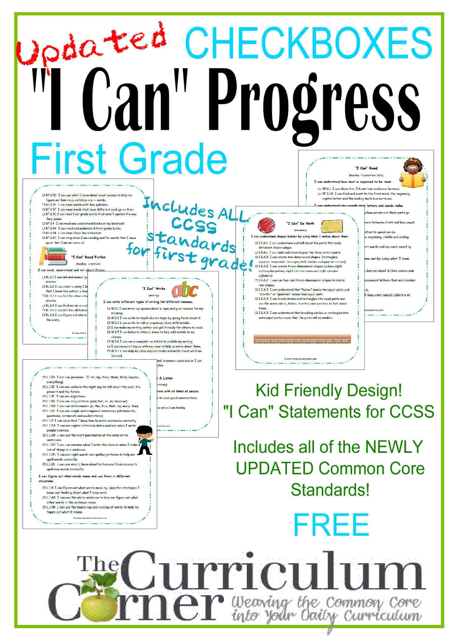 Kid Clip Art I Can Statements in a Checkbox Format for 1st Grade - FREE ...