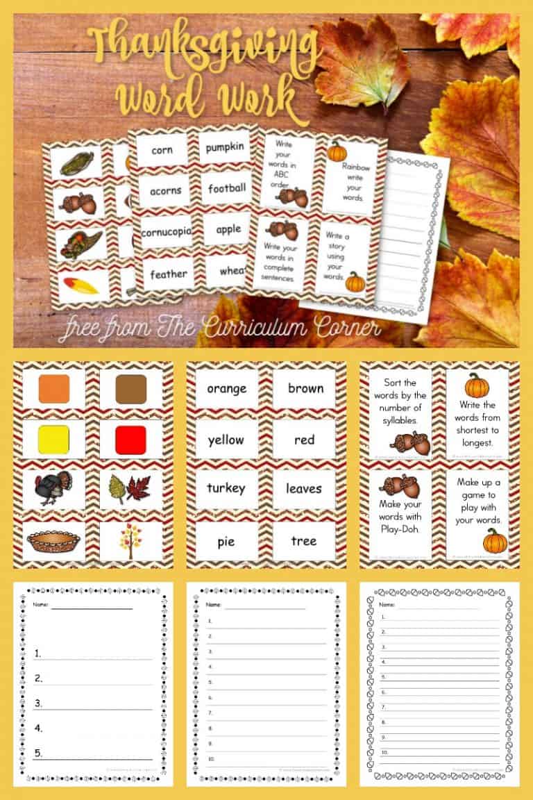 Thanksgiving Word Cards w/ Activities - The Curriculum Corner 123