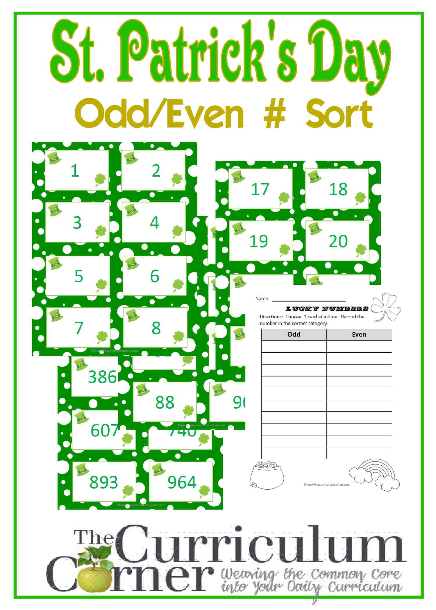 St. Patrick's Day Odd & Even Number Sort - The Curriculum Corner 123