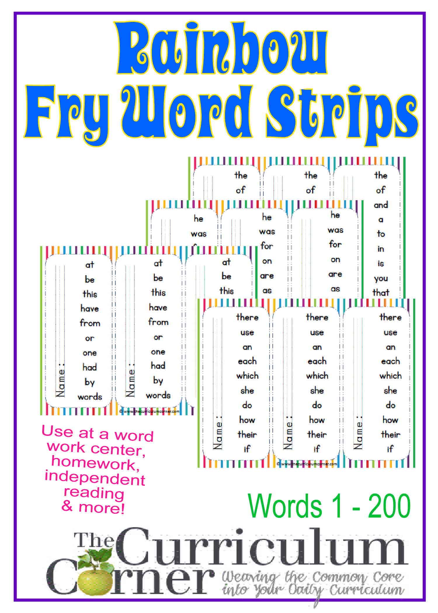 Rainbow Fry Word Strips for words 1 - 200 free from The Curriculum ...