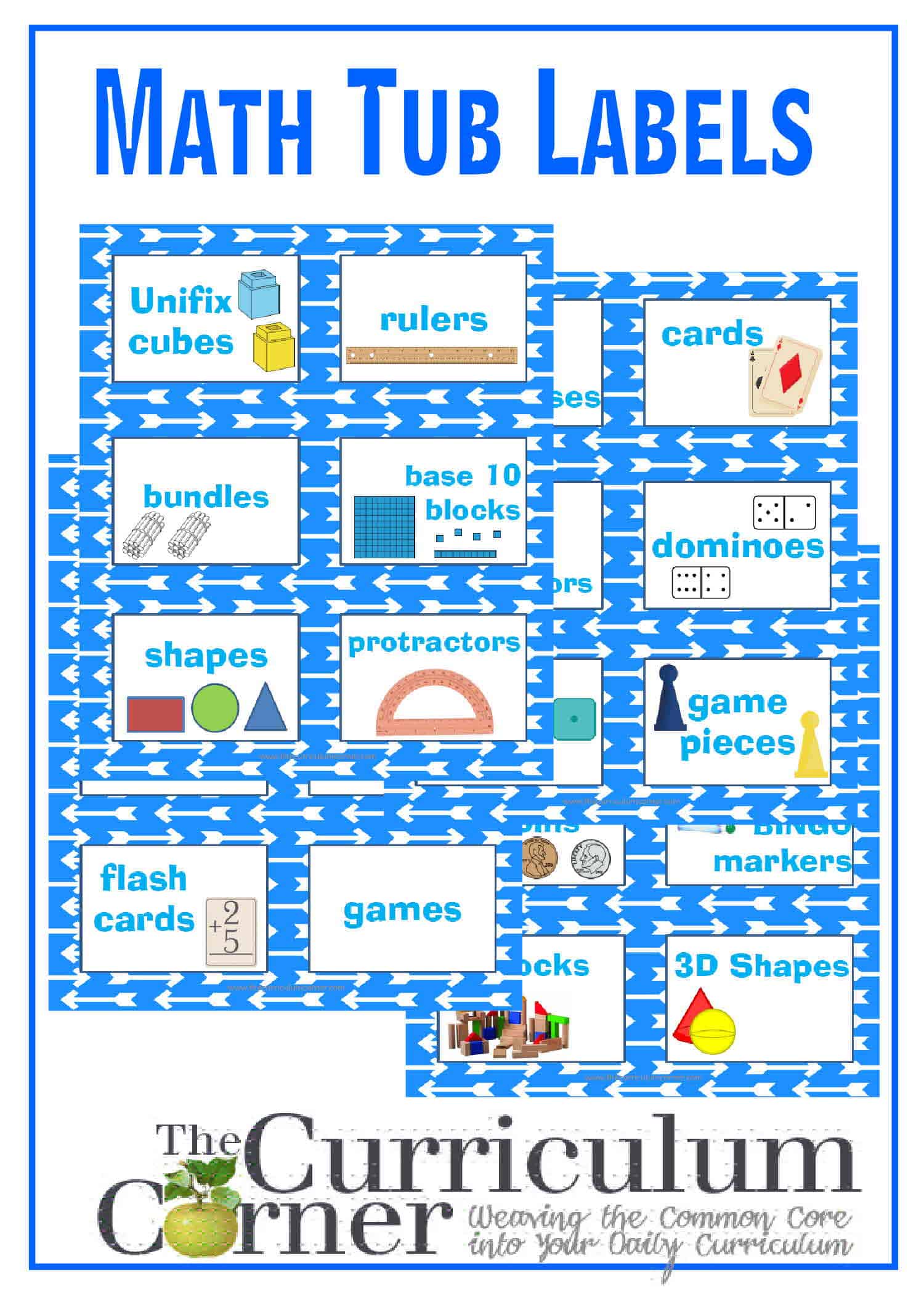 Math Tub Labels FREE from The Curriculum Corner - The Curriculum Corner 123