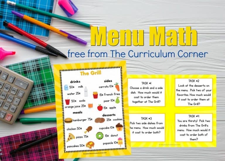 Menu Math Center - The Curriculum Corner 123