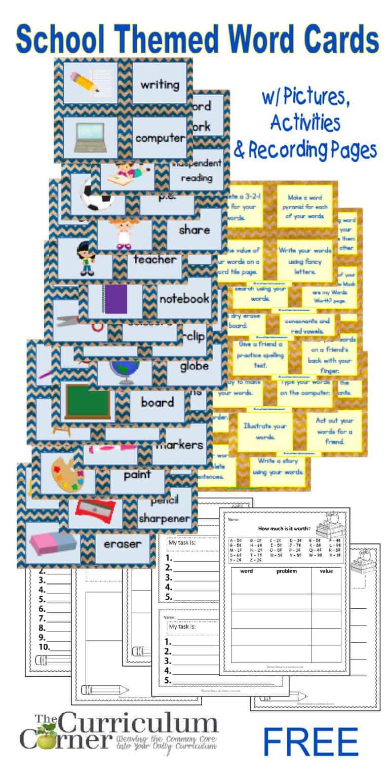 School Themed Word Cards w/ Pictures, 20 Word Work Activities PLUS 12 ...
