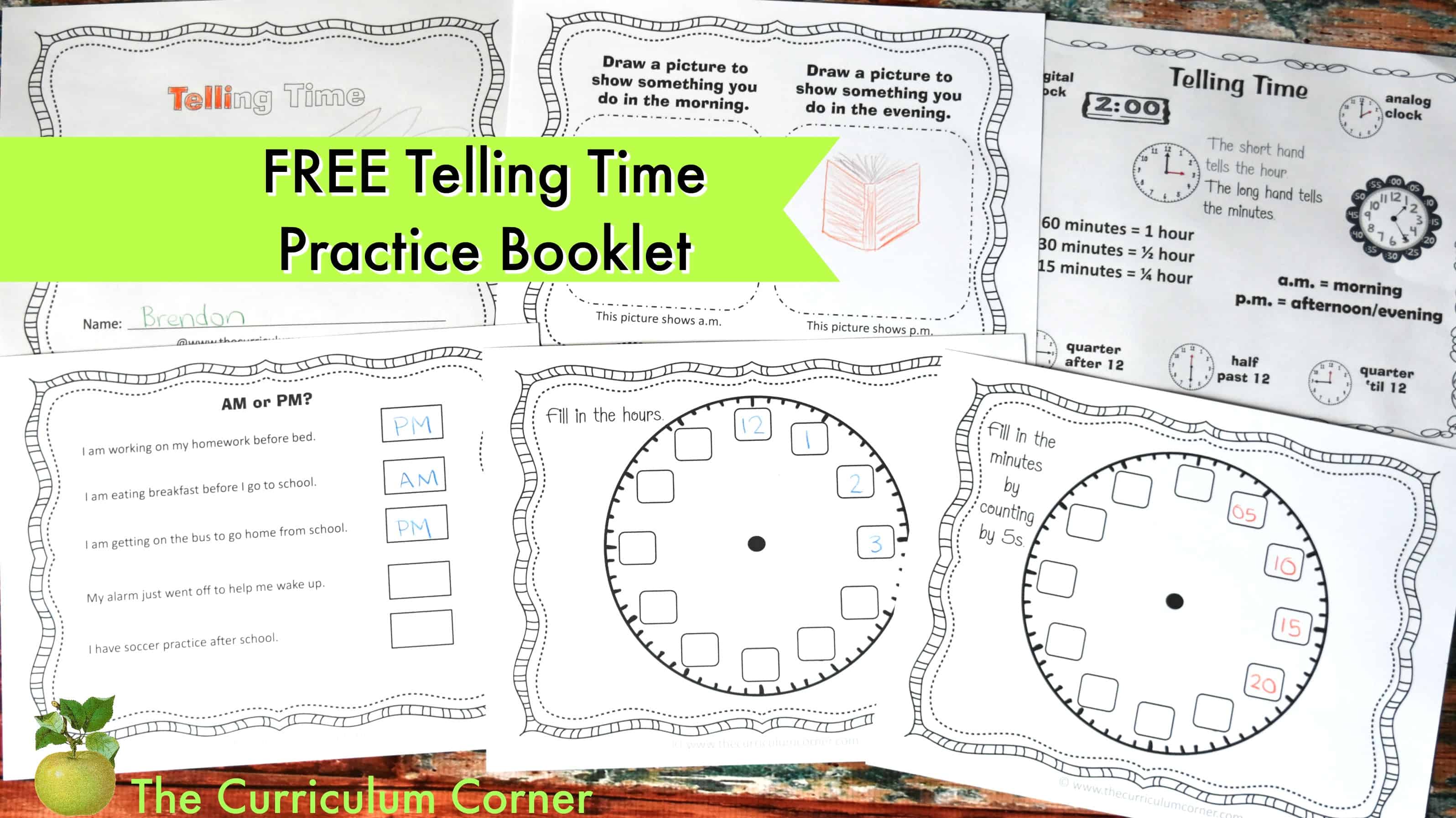 FREE Telling Time Practice Booklet from The Curriculum Corner - The ...