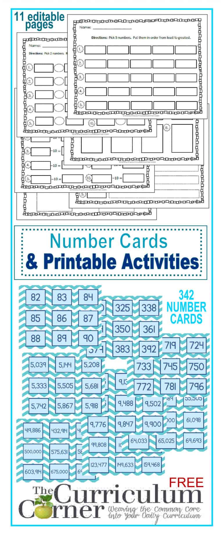 342 Number Cards + 11 Editable Recording Pages FREE from The Curriculum ...