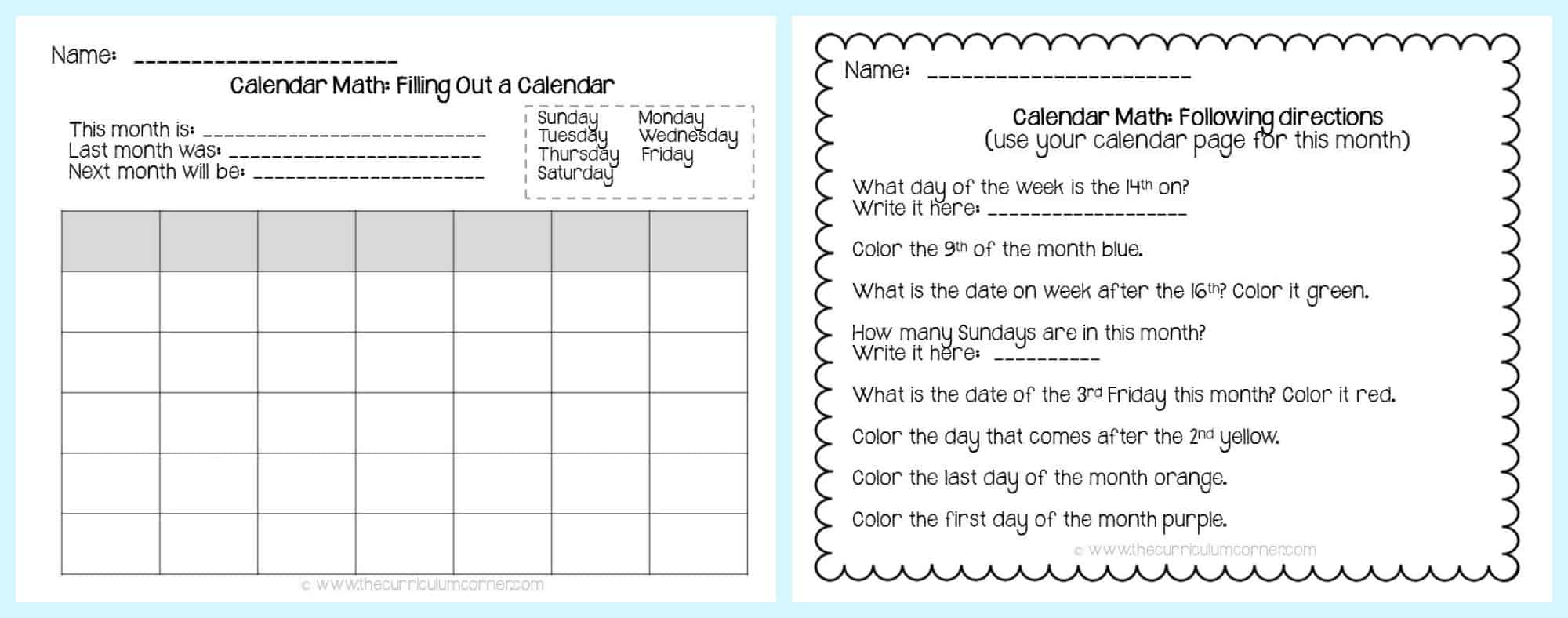 Calendar Math Collection - The Curriculum Corner 123