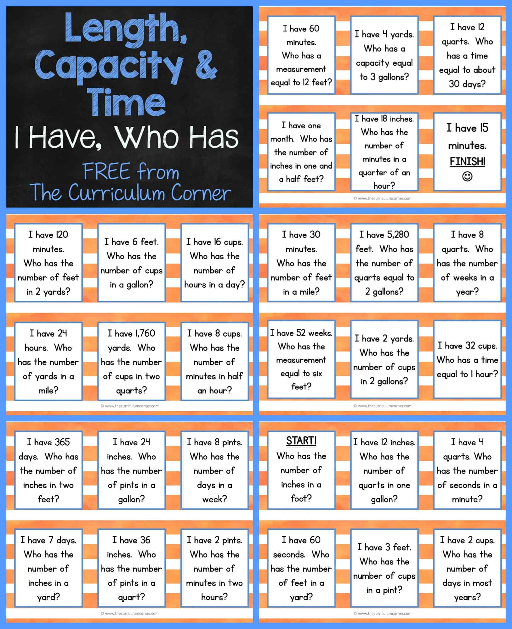Length, Capacity & Time I Have, Who has - The Curriculum Corner 123
