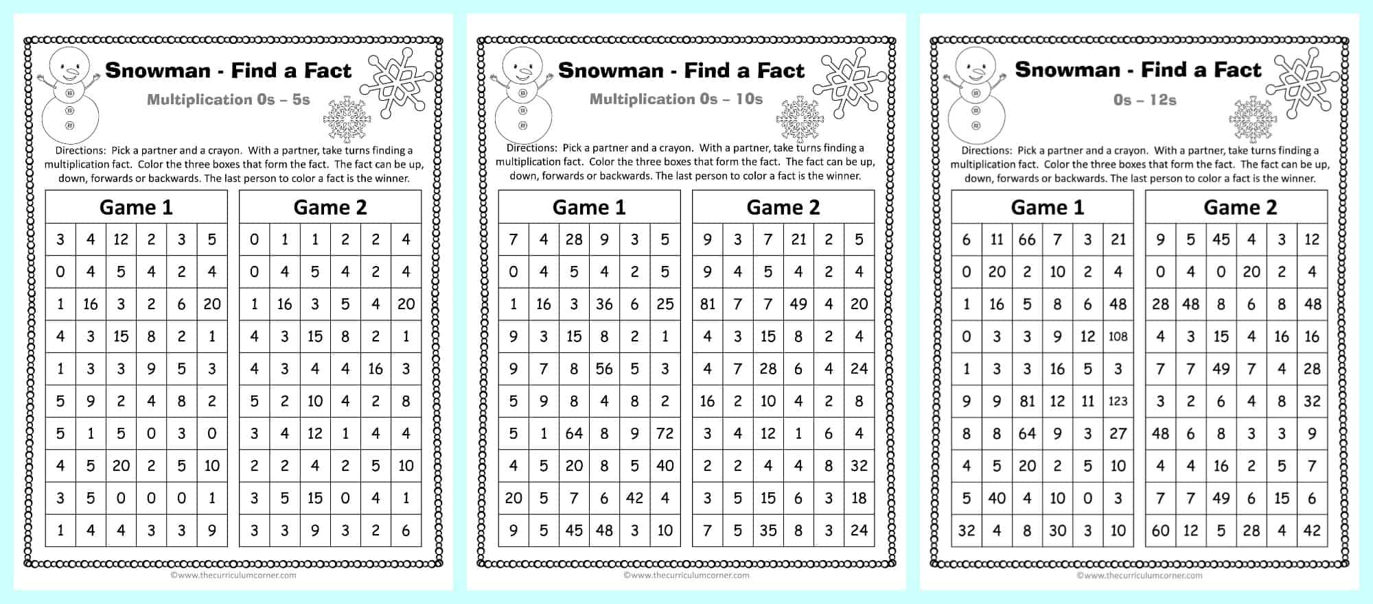 Winter Find a Fact Multiplication Games - The Curriculum Corner 123