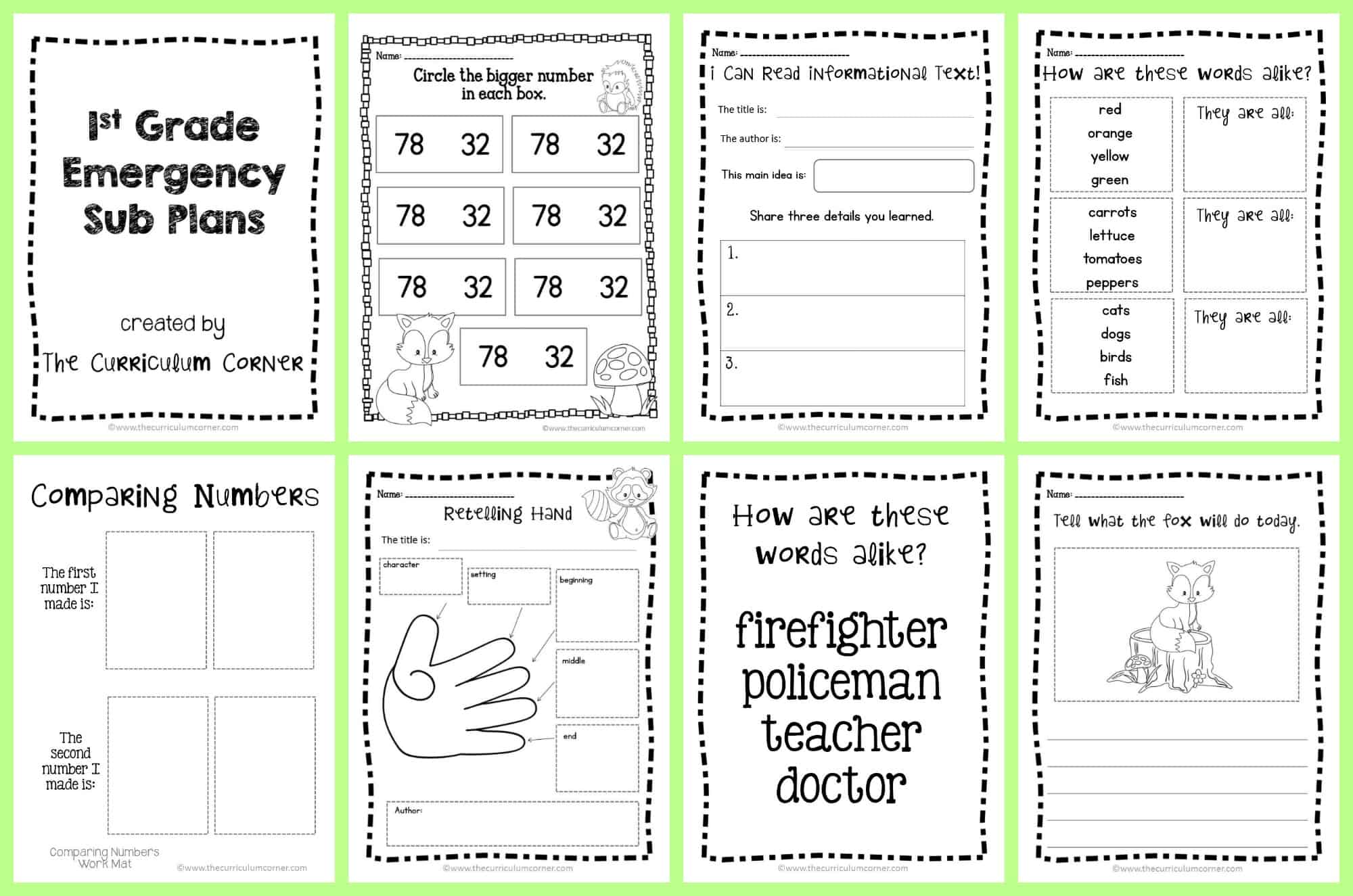 1st Grade Sub Plans - Set 2 - The Curriculum Corner 123