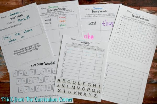 Word Work Homework for Any Words - The Curriculum Corner 123