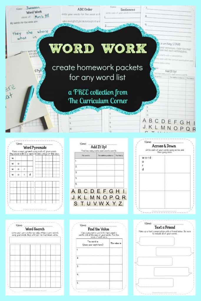 FREE Word Work for any Word List from The Curriculum Corner - The ...