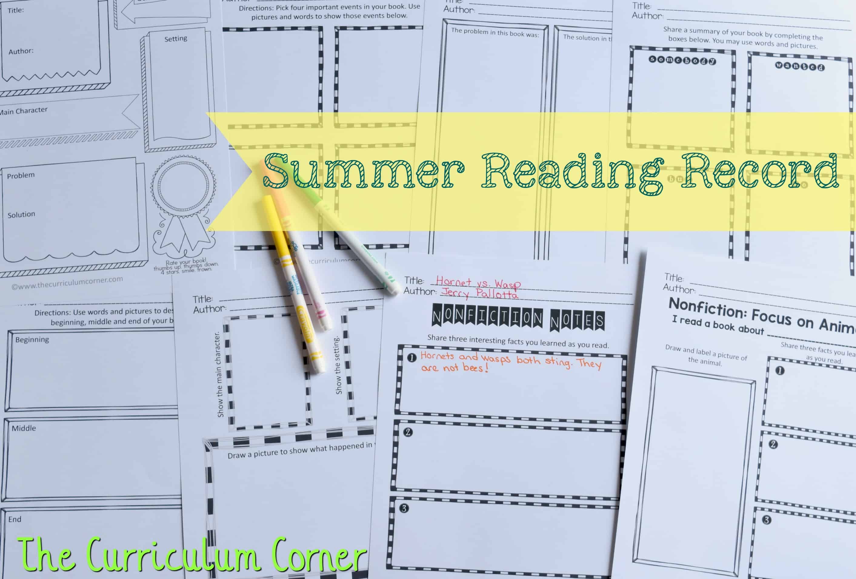 FREE Summer Reading Record Journal from The Curriculum Corner 3 - The ...