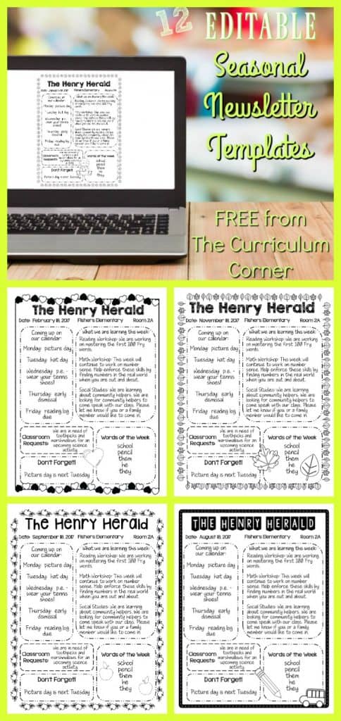 Editable, Seasonal Newsletter Templates - The Curriculum Corner 123