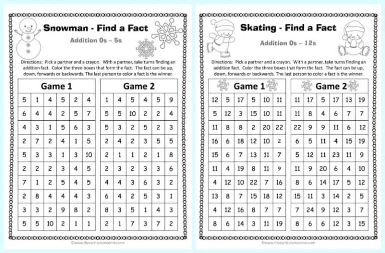 Winter Find a Fact Addition - The Curriculum Corner 123