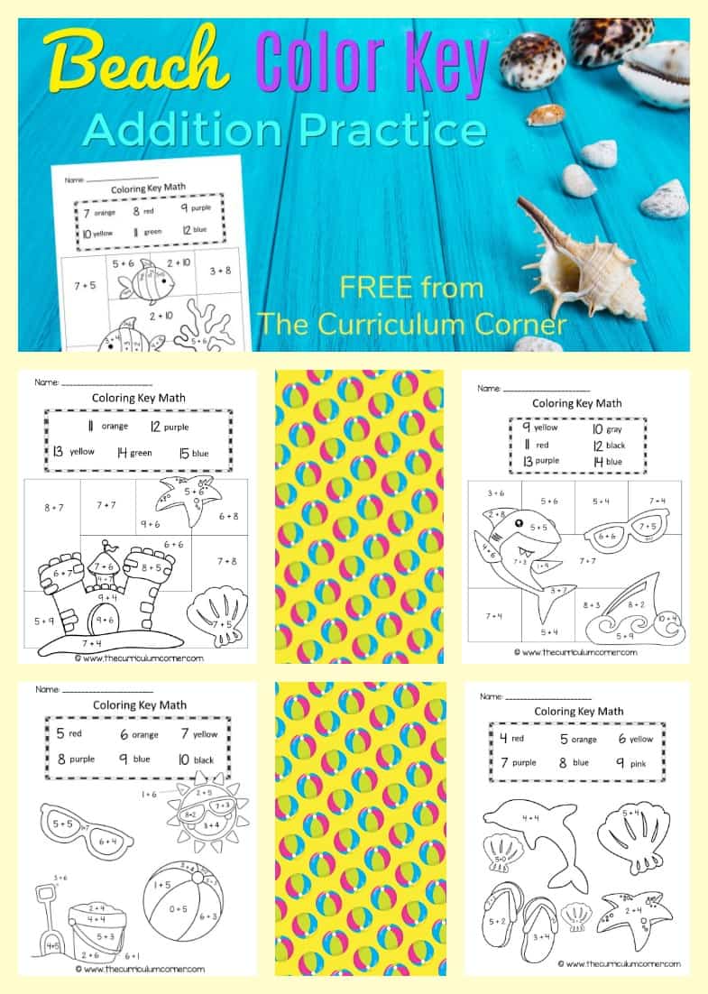 Beach Color Key Addition Practice - The Curriculum Corner 123