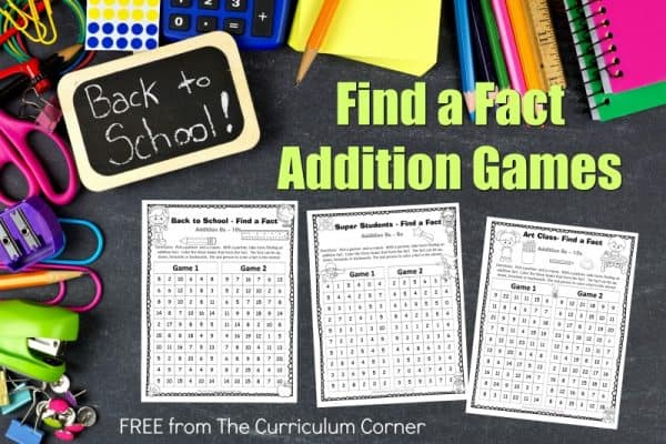 Back to School Find a Fact Addition - The Curriculum Corner 123