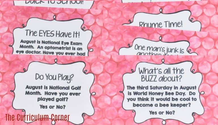 August Bell Ringer Questions - The Curriculum Corner 123