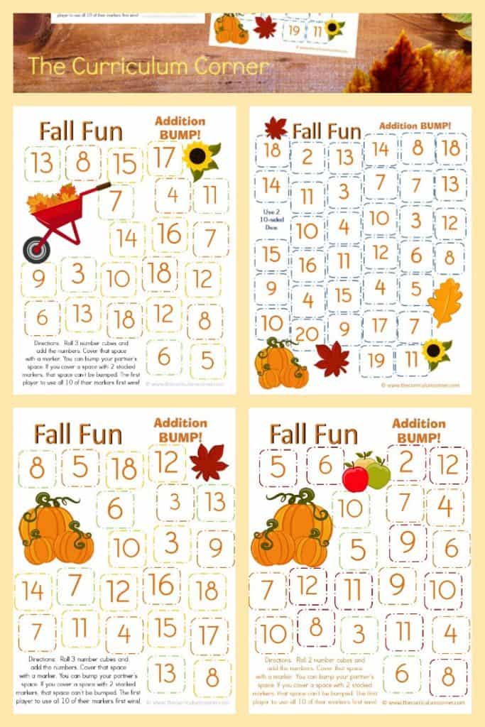 Fall Addition Bump Games - The Curriculum Corner 123