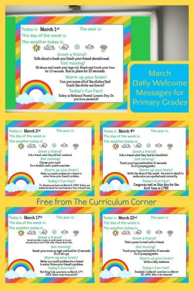 March Daily Welcome Messages - The Curriculum Corner 123