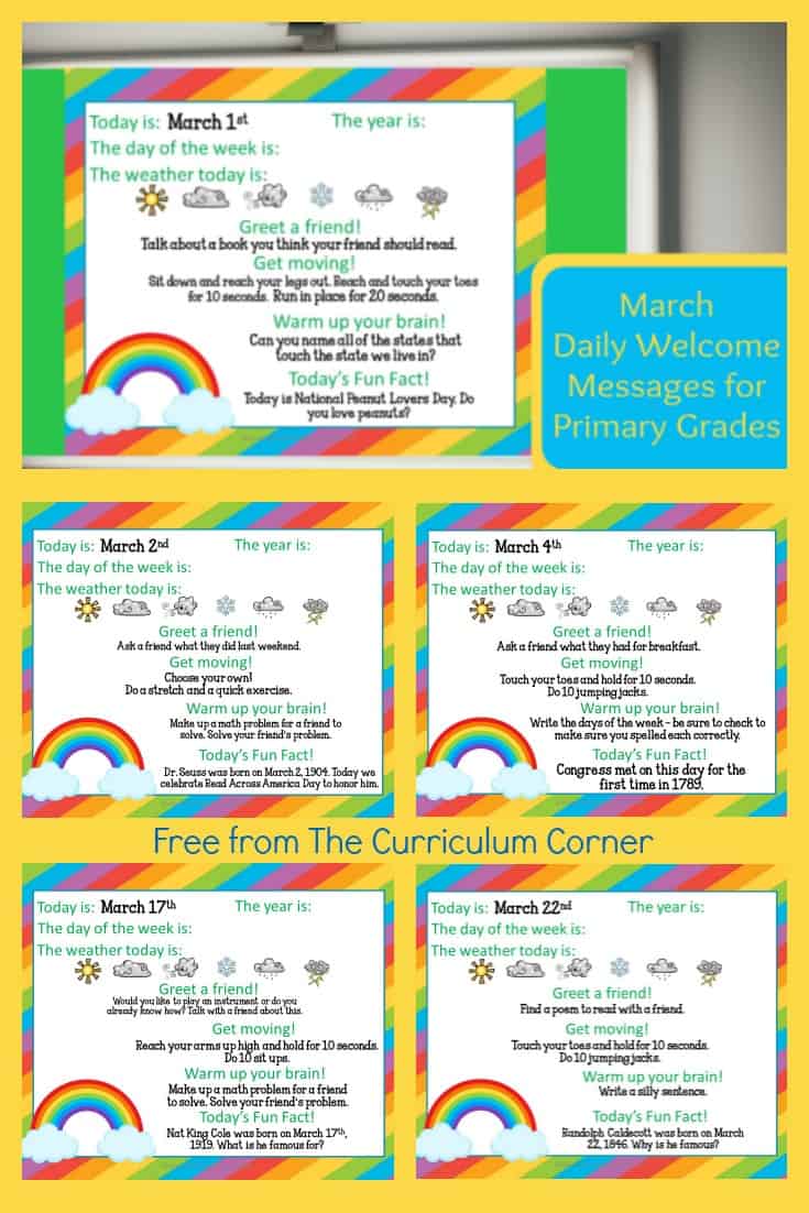 March Daily Welcome Messages - The Curriculum Corner 123