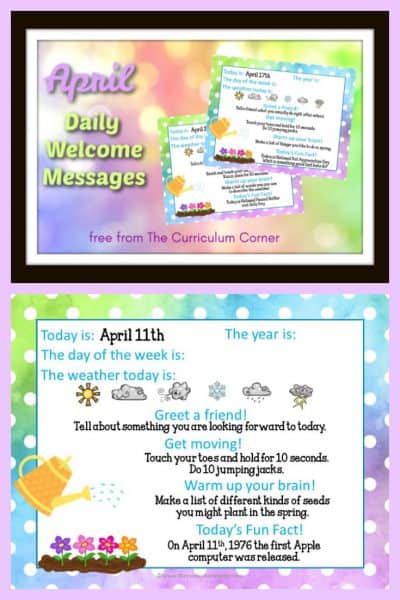 April Daily Welcome Messages - The Curriculum Corner 123