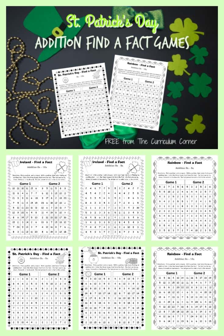 St. Patrick's Day Addition Find a Fact Games - The Curriculum Corner 123