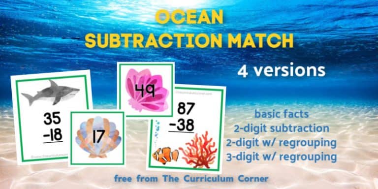 Ocean Subtraction Match (w/ & w/out regrouping) - The Curriculum Corner 123