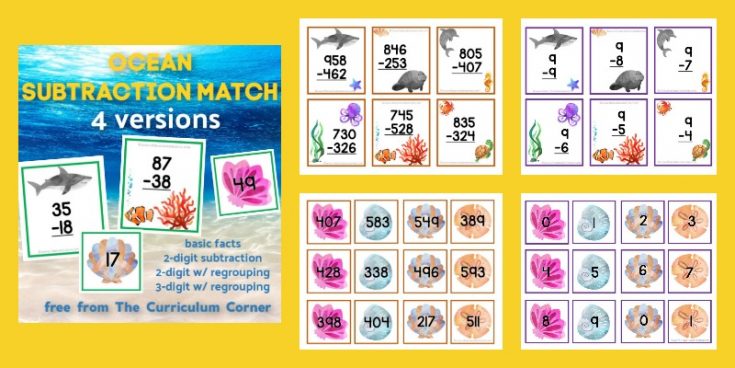 Ocean Subtraction Match (w/ & w/out regrouping) - The Curriculum Corner 123