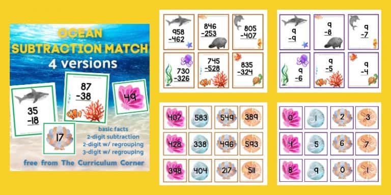 Ocean Subtraction Match (w/ & w/out regrouping) - The Curriculum Corner 123