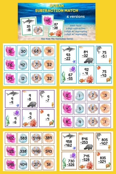 Ocean Subtraction Match (w/ & w/out regrouping) - The Curriculum Corner 123