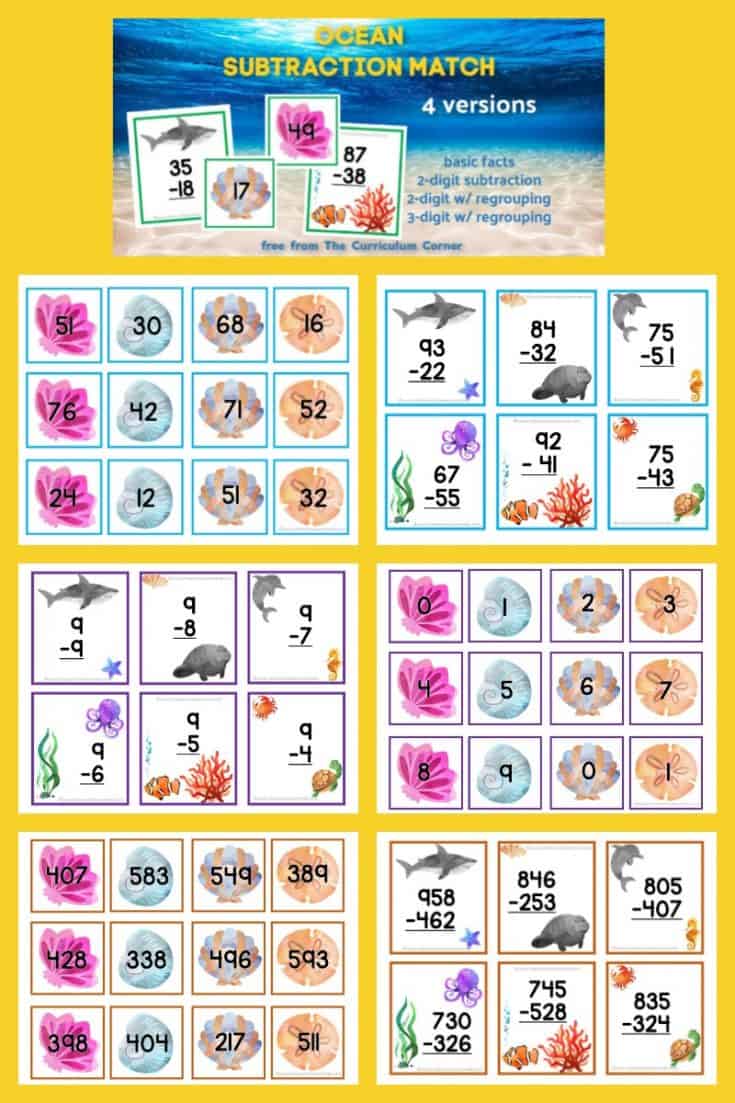 Ocean Subtraction Match (w/ & w/out regrouping) - The Curriculum Corner 123
