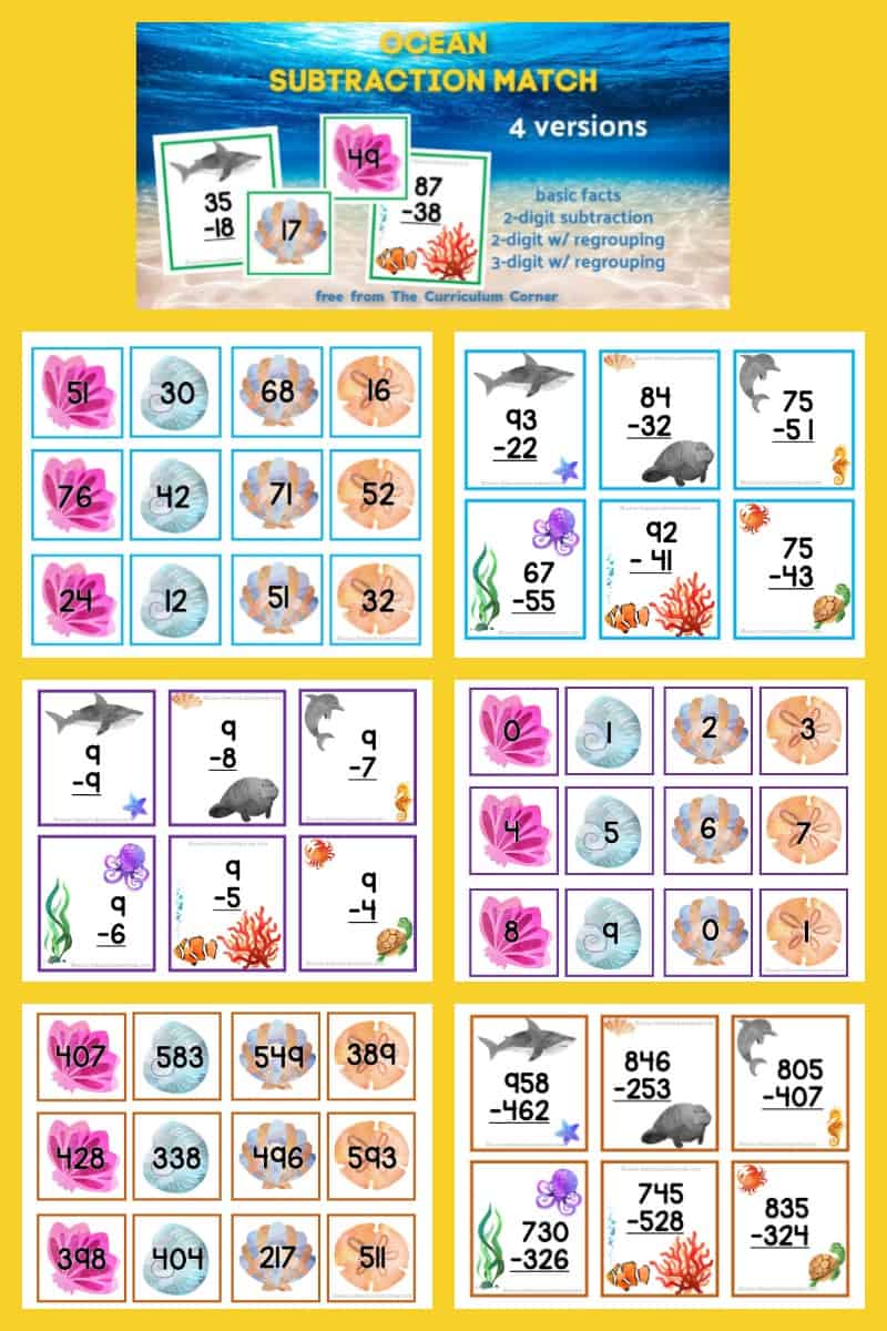 Ocean Subtraction Match (w/ & w/out regrouping) - The Curriculum Corner 123