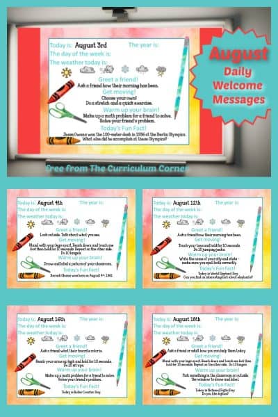 August Daily Welcome Messages - The Curriculum Corner 123
