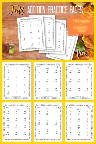 Fall Addition Practice Pages - The Curriculum Corner 123