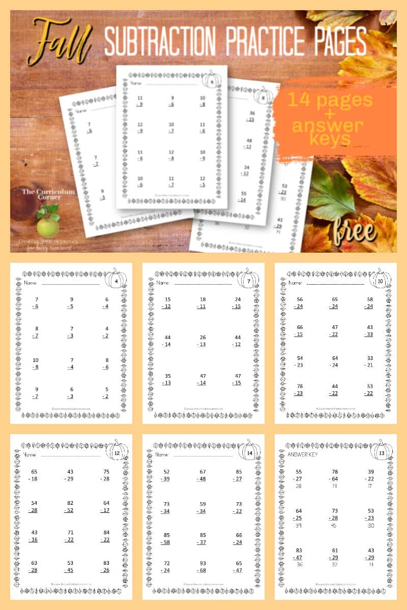Fall Subtraction Practice Pages - The Curriculum Corner 123