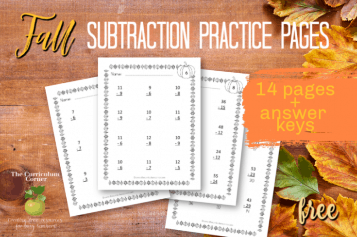 Fall Subtraction Practice Pages - The Curriculum Corner 123