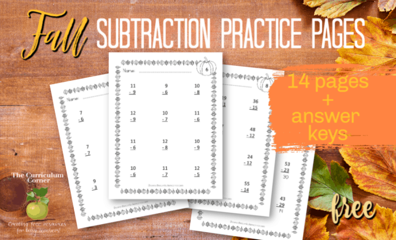 Fall Subtraction Practice Pages - The Curriculum Corner 123
