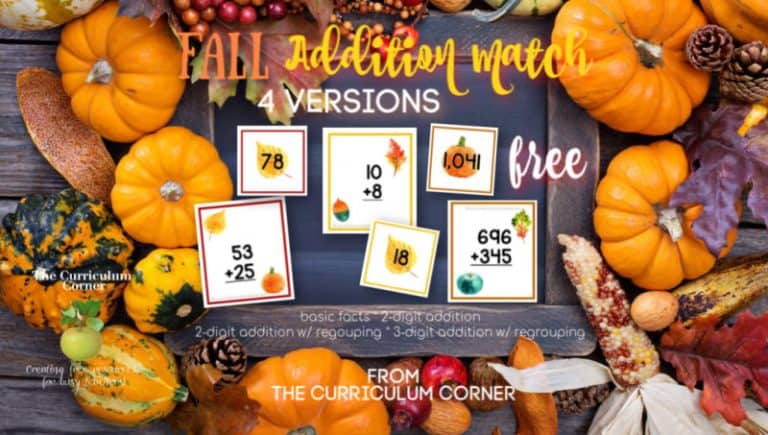 Fall Addition Match (w/ and w/out regrouping) - The Curriculum Corner 123