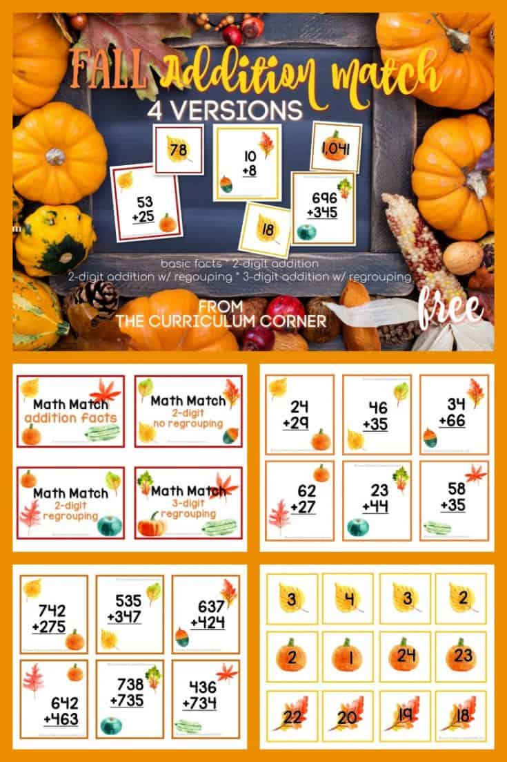 Fall Addition Match (w/ and w/out regrouping) - The Curriculum Corner 123